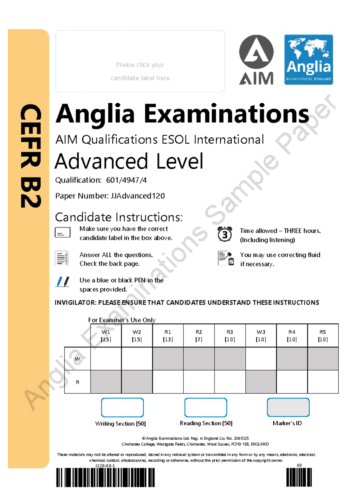 CEFR B2 Anglia Examinations Sample Paper JJ120: Writing & Reading ...