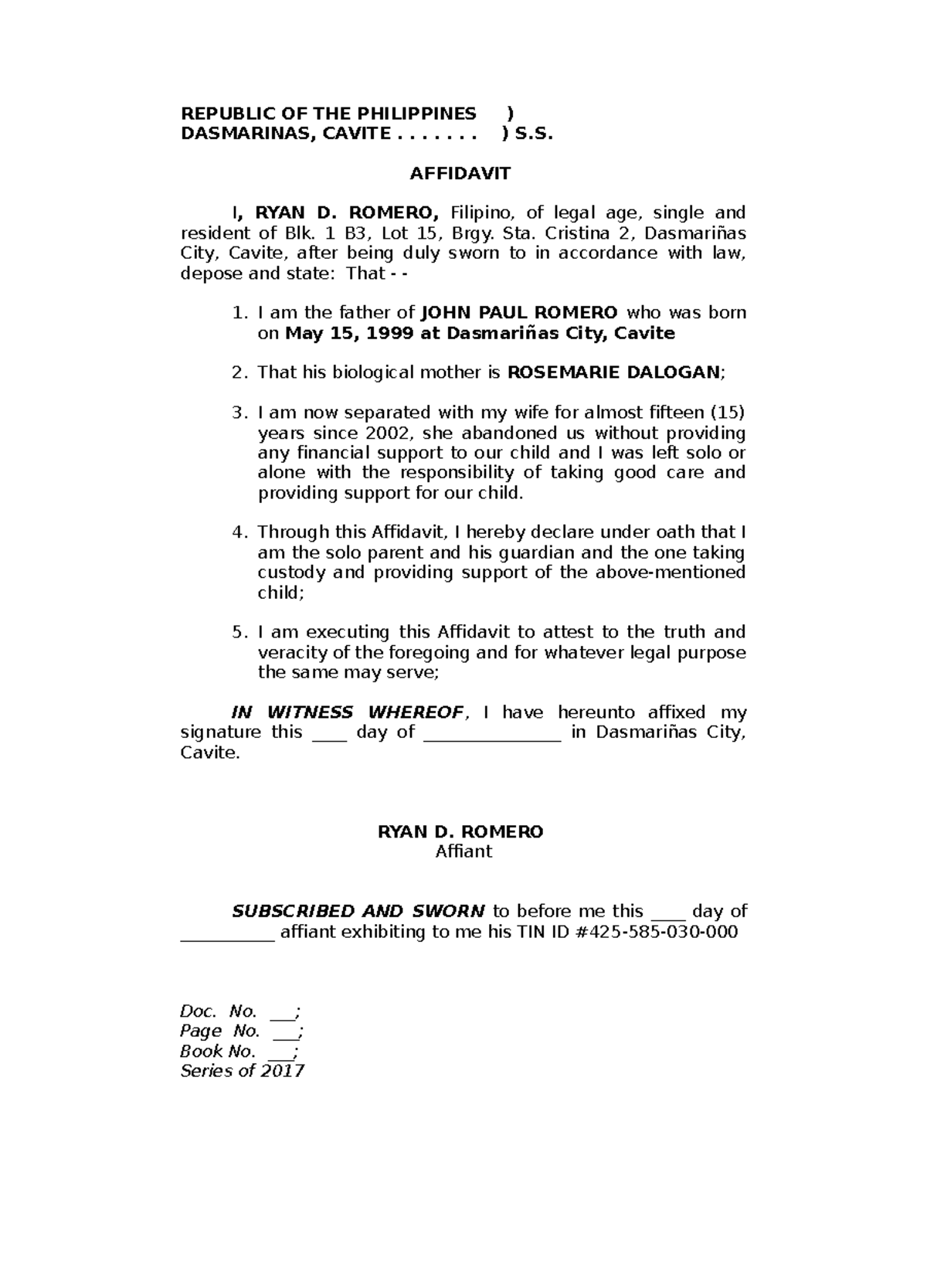 Affidavit Solo Single Parent - REPUBLIC OF THE PHILIPPINES ) DASMARINAS ...