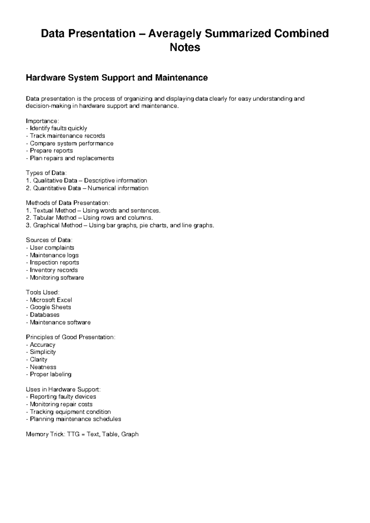 Data Presentation Hardware System Support Notes - Studocu
