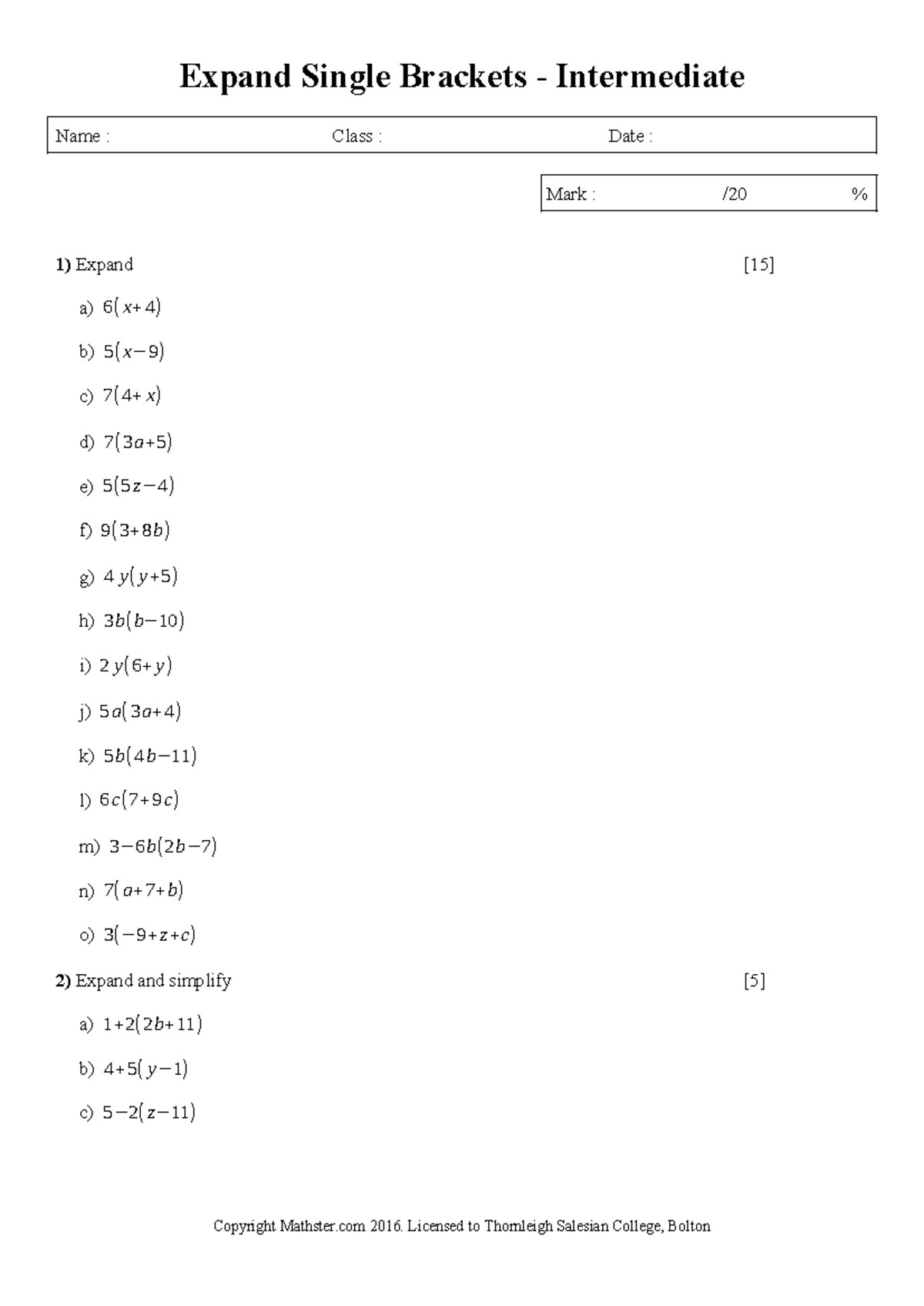 Expand Single Brackets - Intermediate - 2 - Studocu