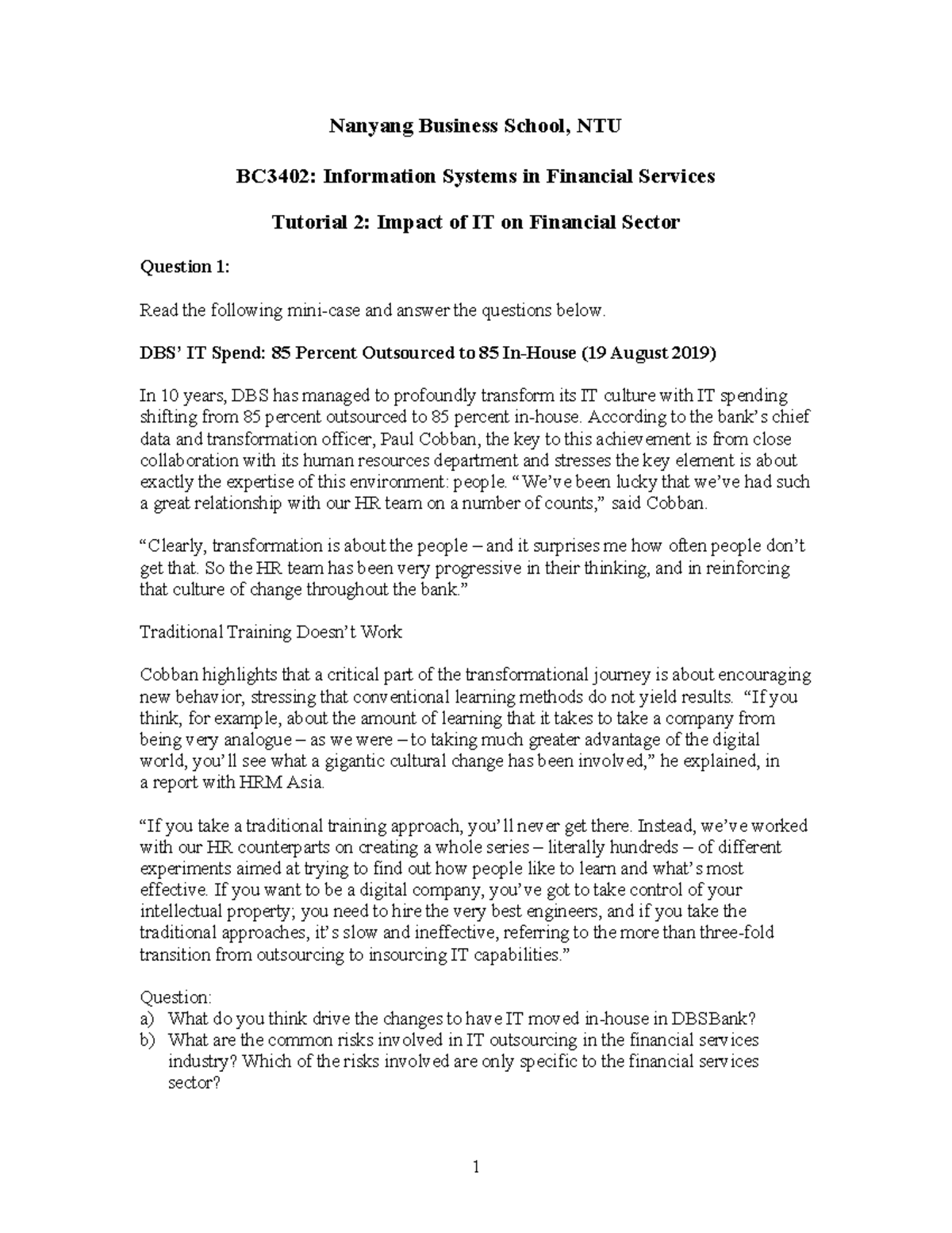 Tutorial Questions for Seminar 2 - 1 Nanyang Business School, NTU ...