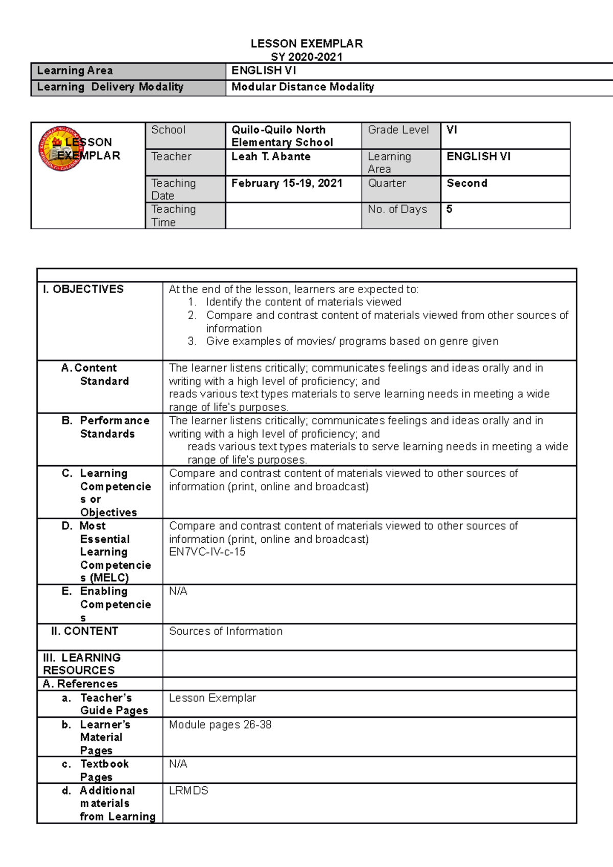 Lesson Exemplar: English VI Q2 Week 6-8 Activities and Objectives - Studocu