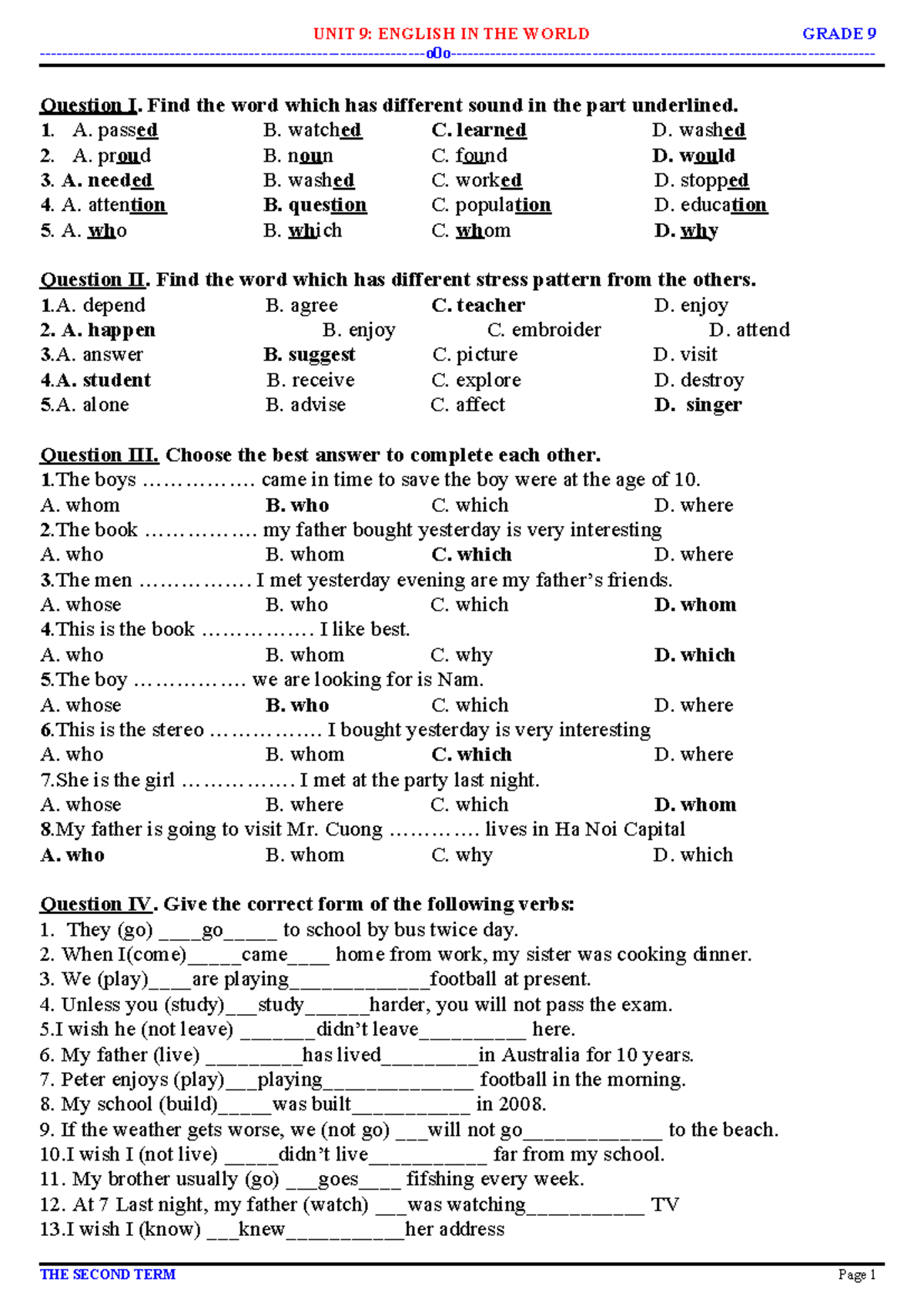 UNIT 9: ENGLISH IN THE WORLD GRADE 9 - Practice Questions and Exercises ...