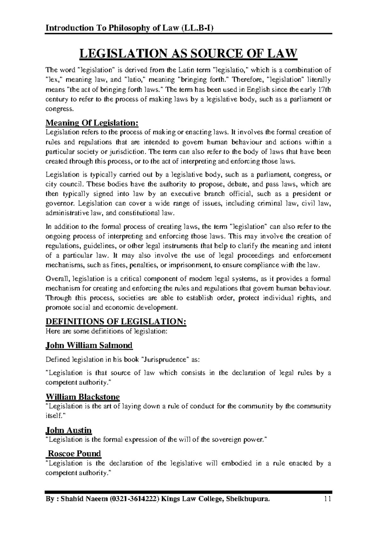 Introduction to Philosophy of Law: Legislation and Precedent (LL.B-I ...