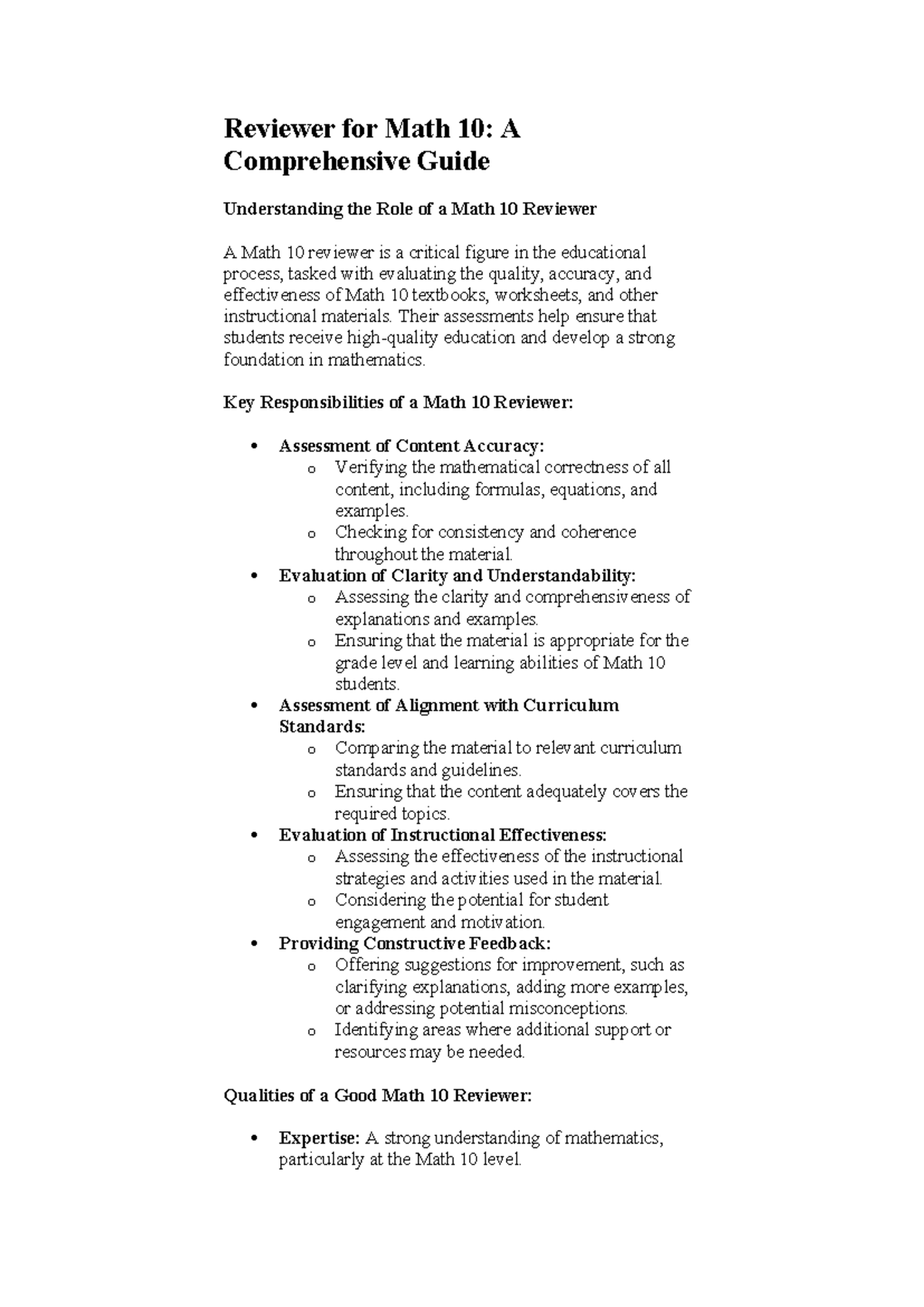 Math 10 Reviewer: Essential Guide to Evaluating Instructional Materials ...