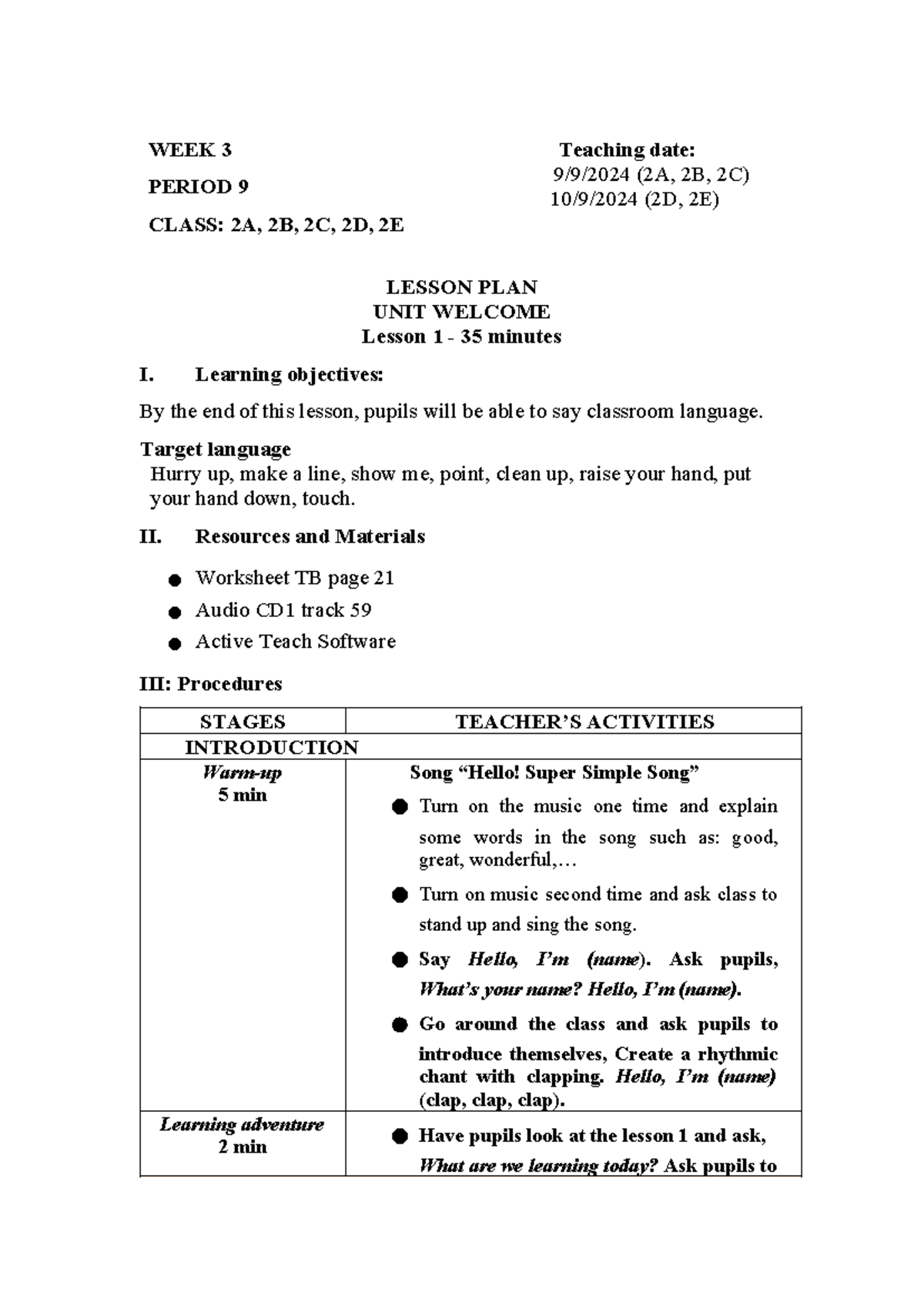 English 2 Week 1 Lesson Plans: Units on Classroom Language & Toys - Studocu