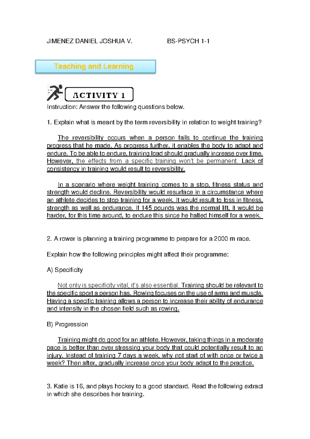 BS-PSYCH 1 - Exercise Concepts: Training Principles & Reflections - Studocu