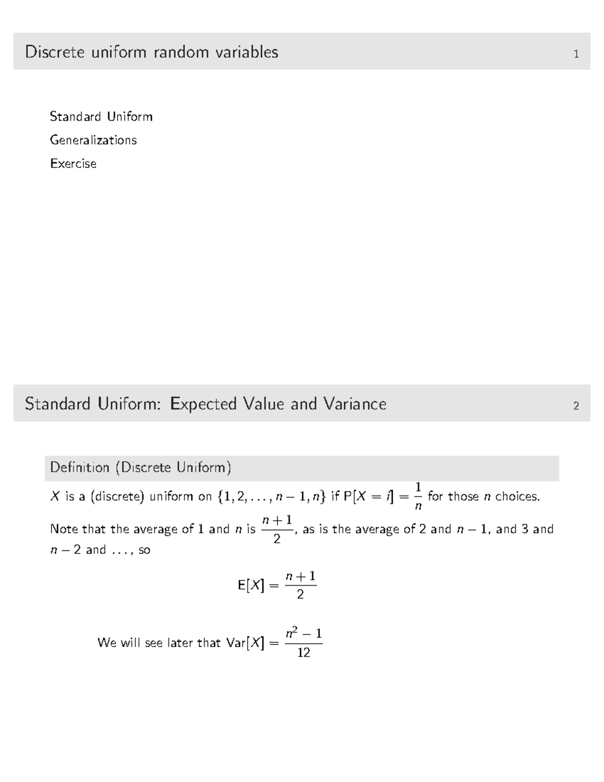 A38 Discrete Uniform Random Variables: Expected Value & Variance Notes ...