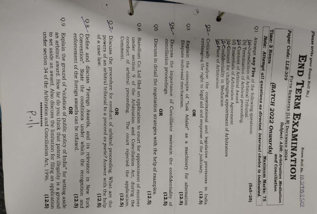 End Term Exam 2024: ADR (Arbitration, Mediation, Conciliation ...