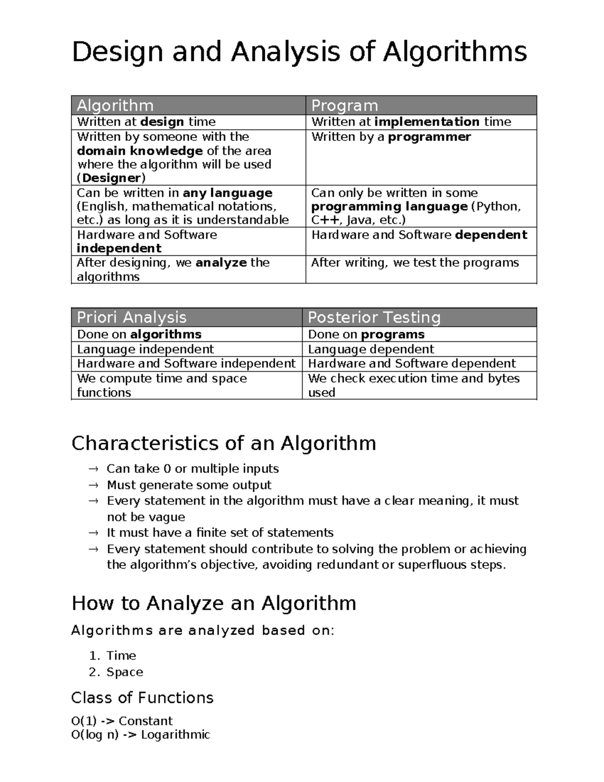 Design and Analysis of Algorithms - Study Notes (CS101) - Studocu