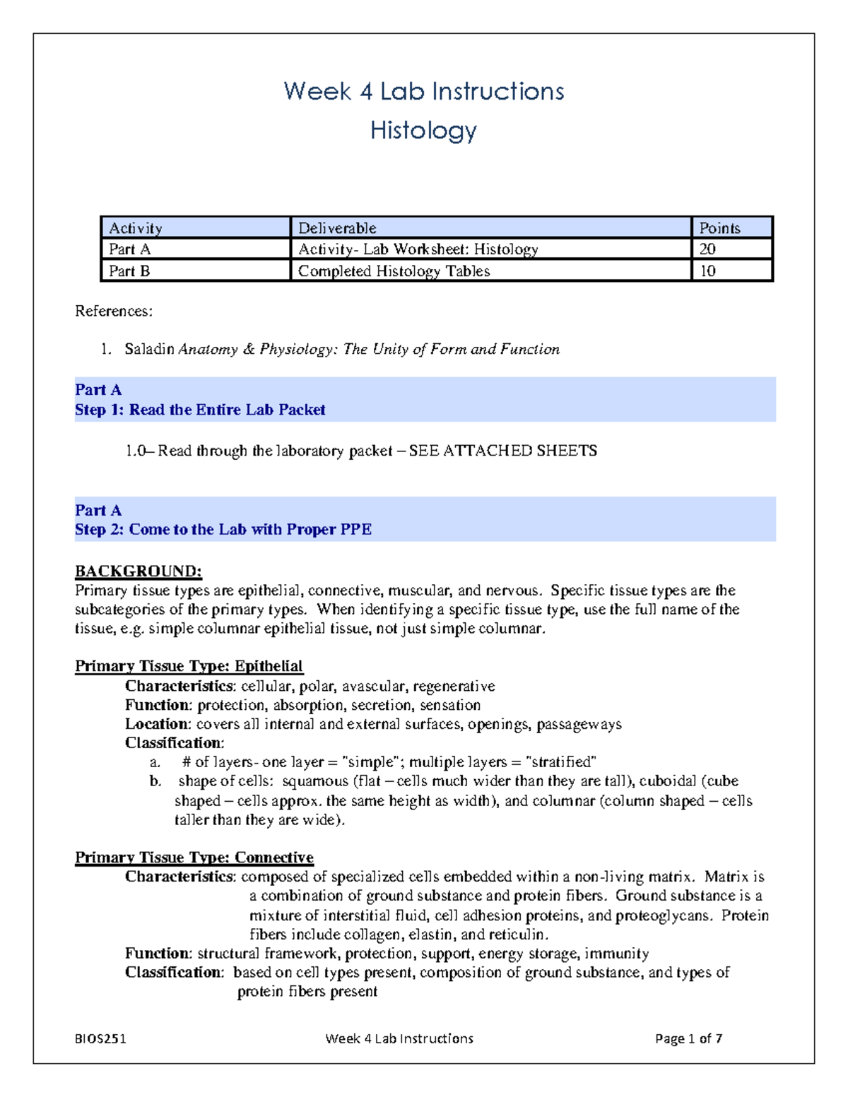 BIOS251 W4 Histology Lab Instructions & Worksheet Guide - Studocu