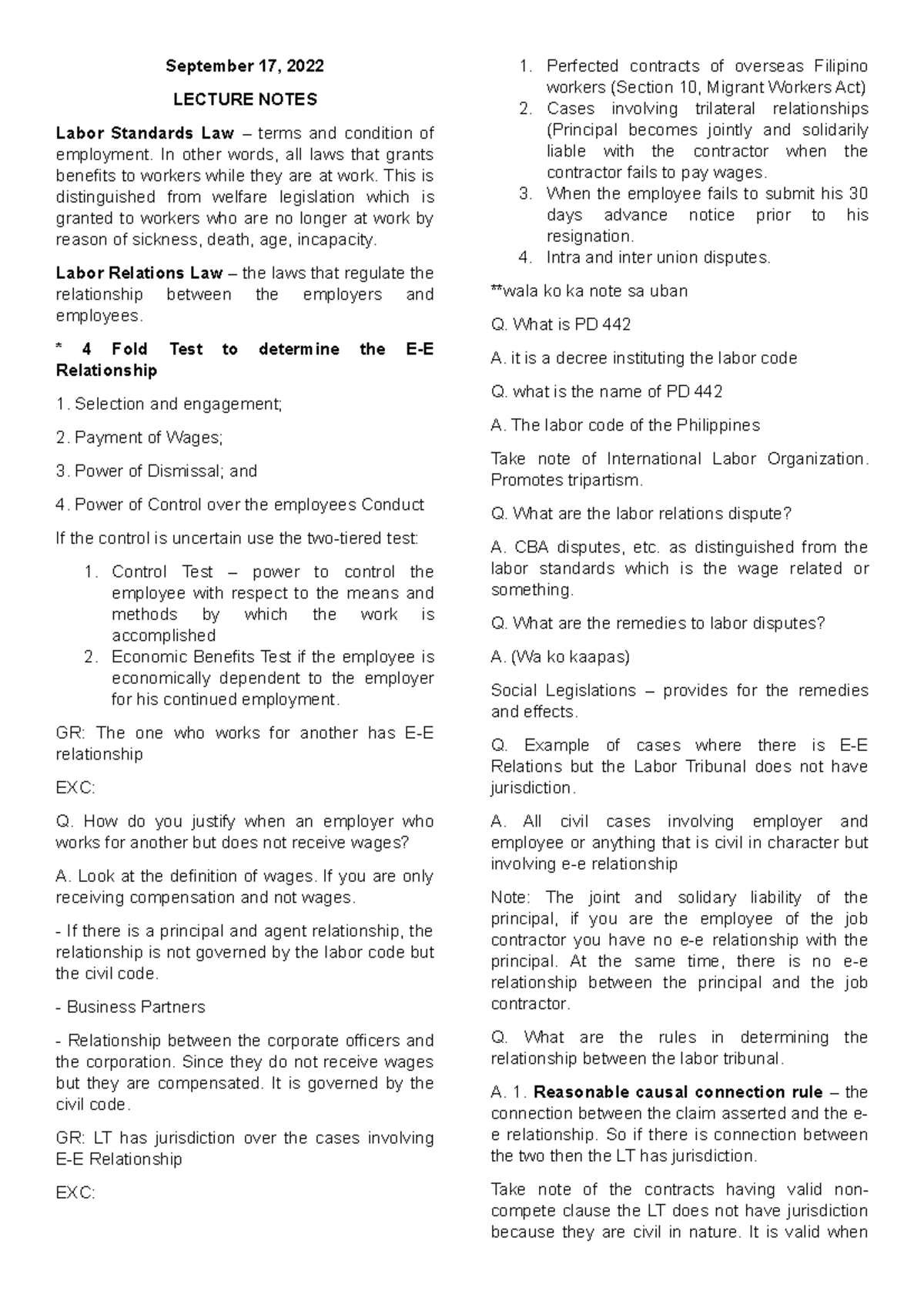 Labor Law Review Lecture Notes: Key Concepts and Regulations - Studocu