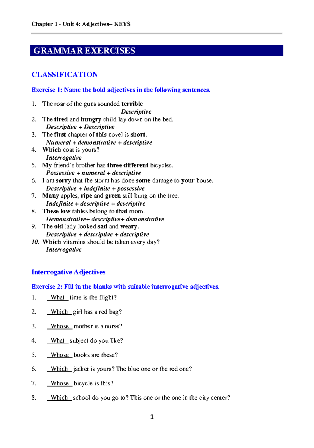 Chapter 1 Unit 4: Adjectives KEYS Exercises and Answers - Studocu