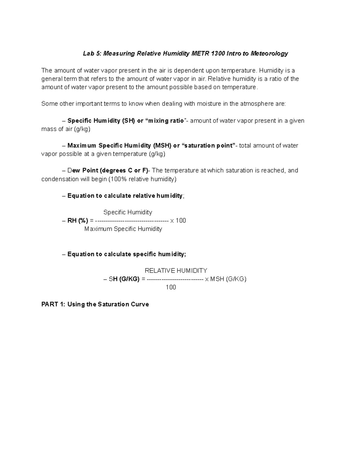 Lab 5 Relative Humidity - Lab 5: Measuring Relative Humidity METR 1300 ...