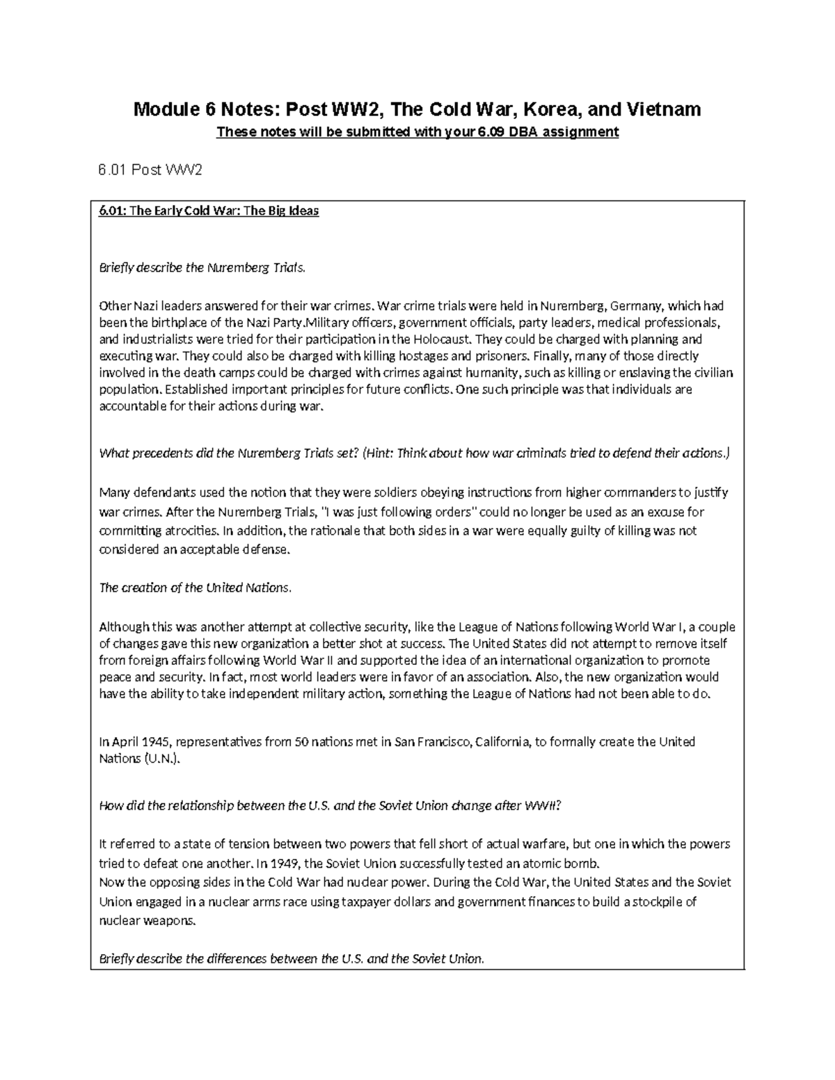 U - U.S. History Module 6 Notes: Post-WW2, Cold War, Korea & Vietnam ...