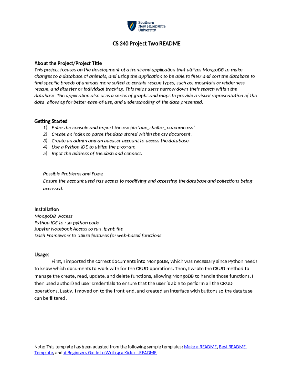 CS 340 Project Two README: Front-End App for Animal Database Management ...