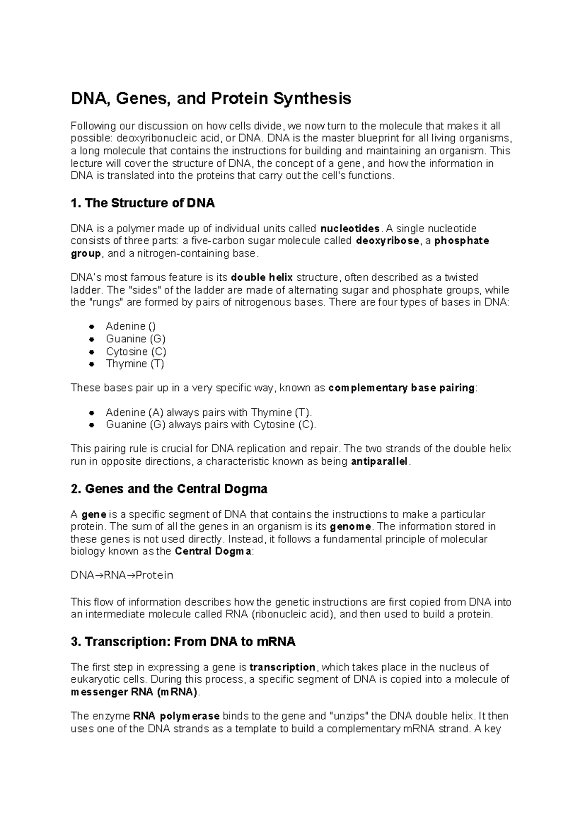 BIO101 Lecture: DNA Structure, Genes, and Protein Synthesis - Studocu