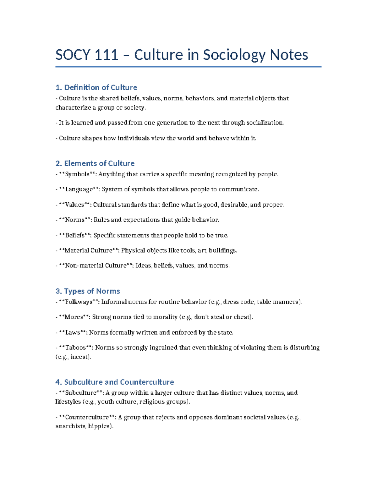 SOCY 111 Culture Notes: Understanding Culture and Norms - Studocu