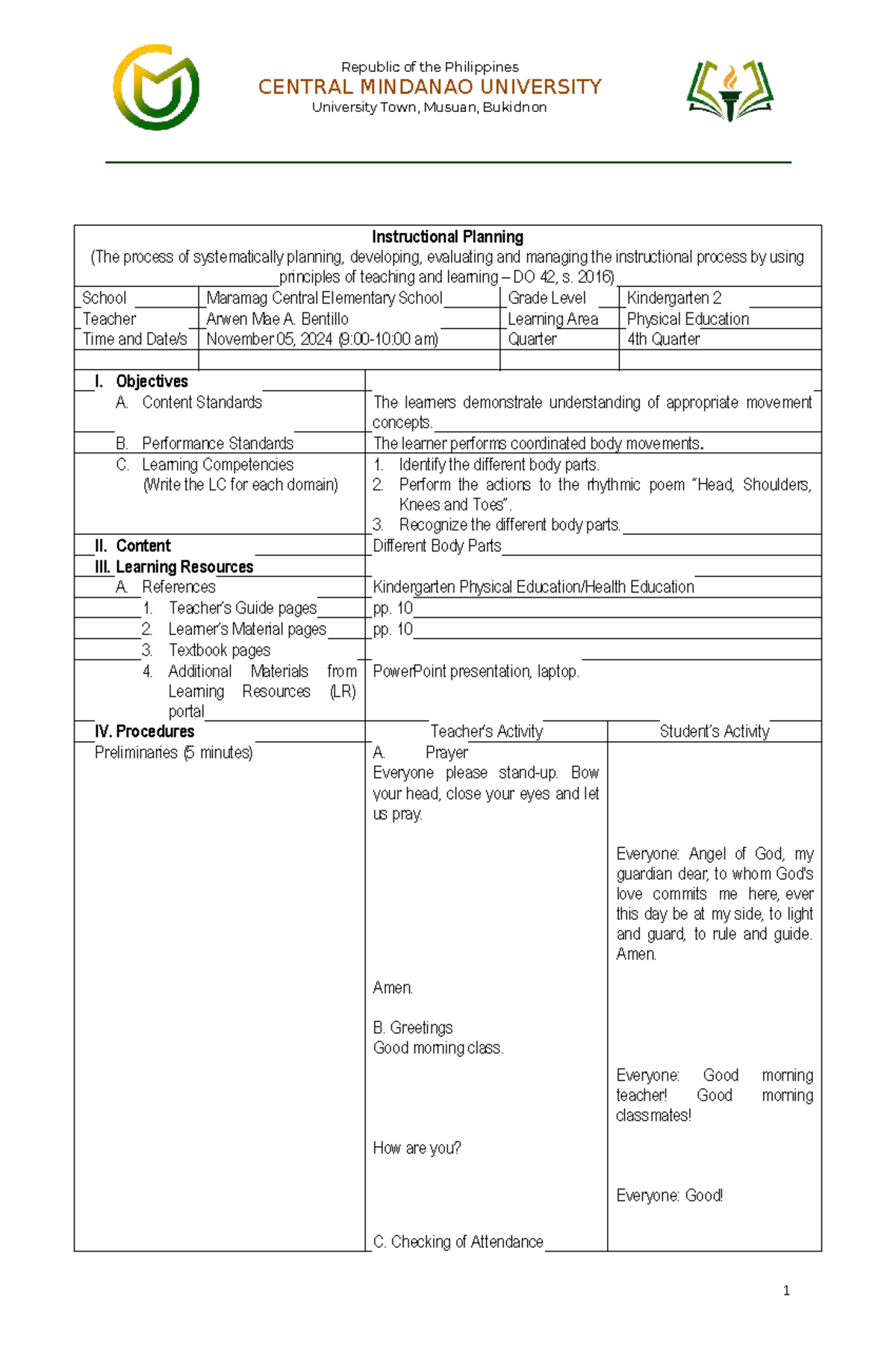 Kinder 2 PE Lesson Plan: Body Parts & Movement Activities (4th Qtr ...