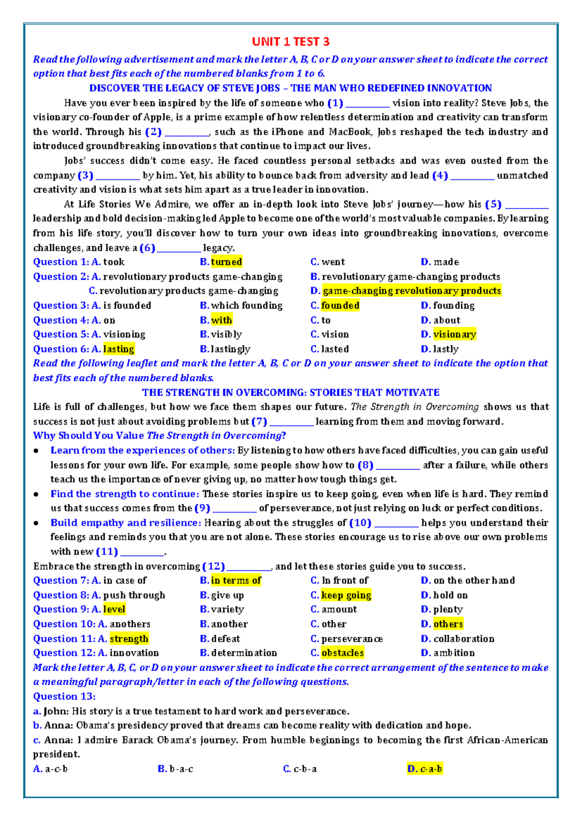 UNIT 1 TEST 3 - Steve Jobs and Overcoming Challenges - Studocu