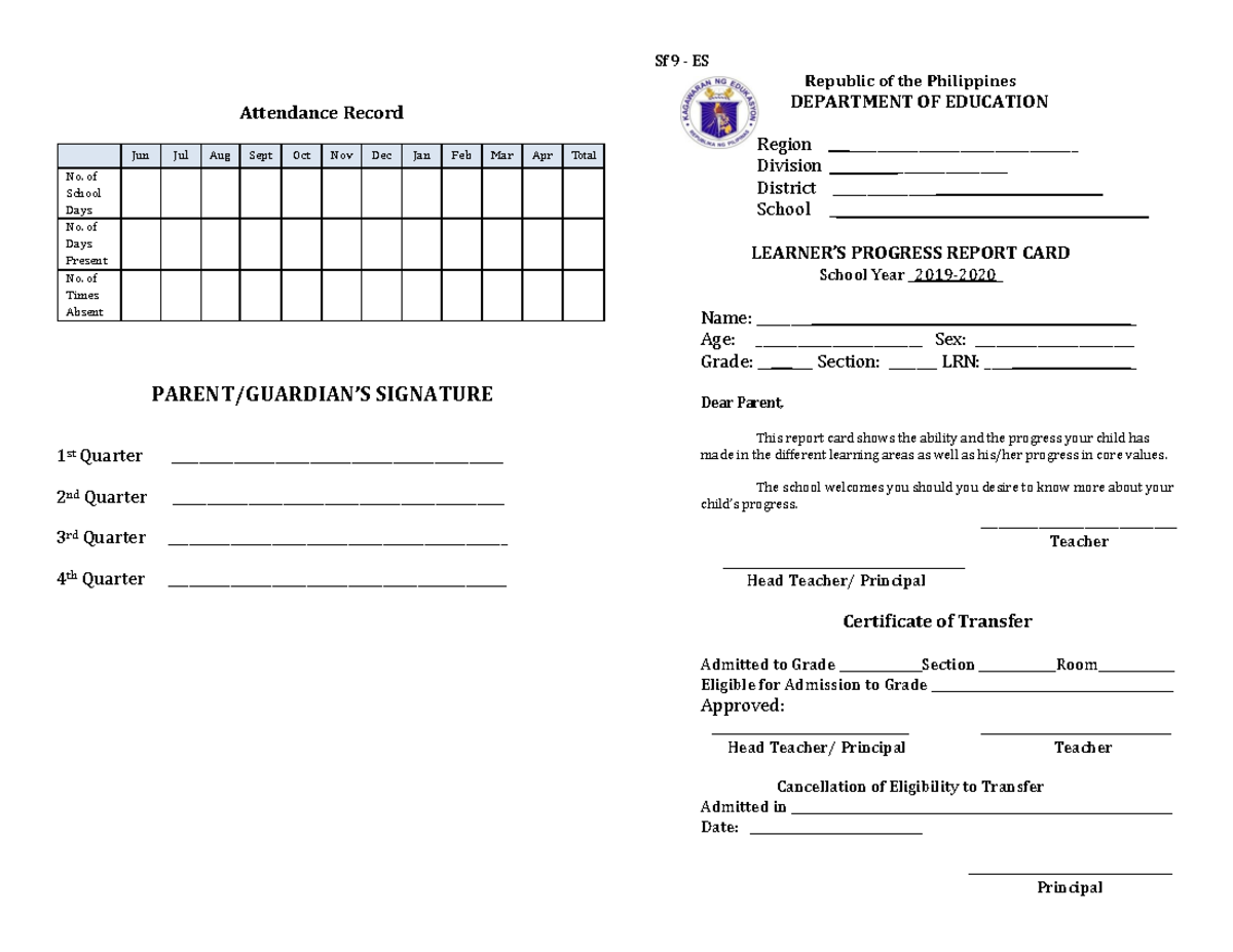 SF 9 - ES (Learner's Progress Report Card) - Attendance Record Jun Jul ...