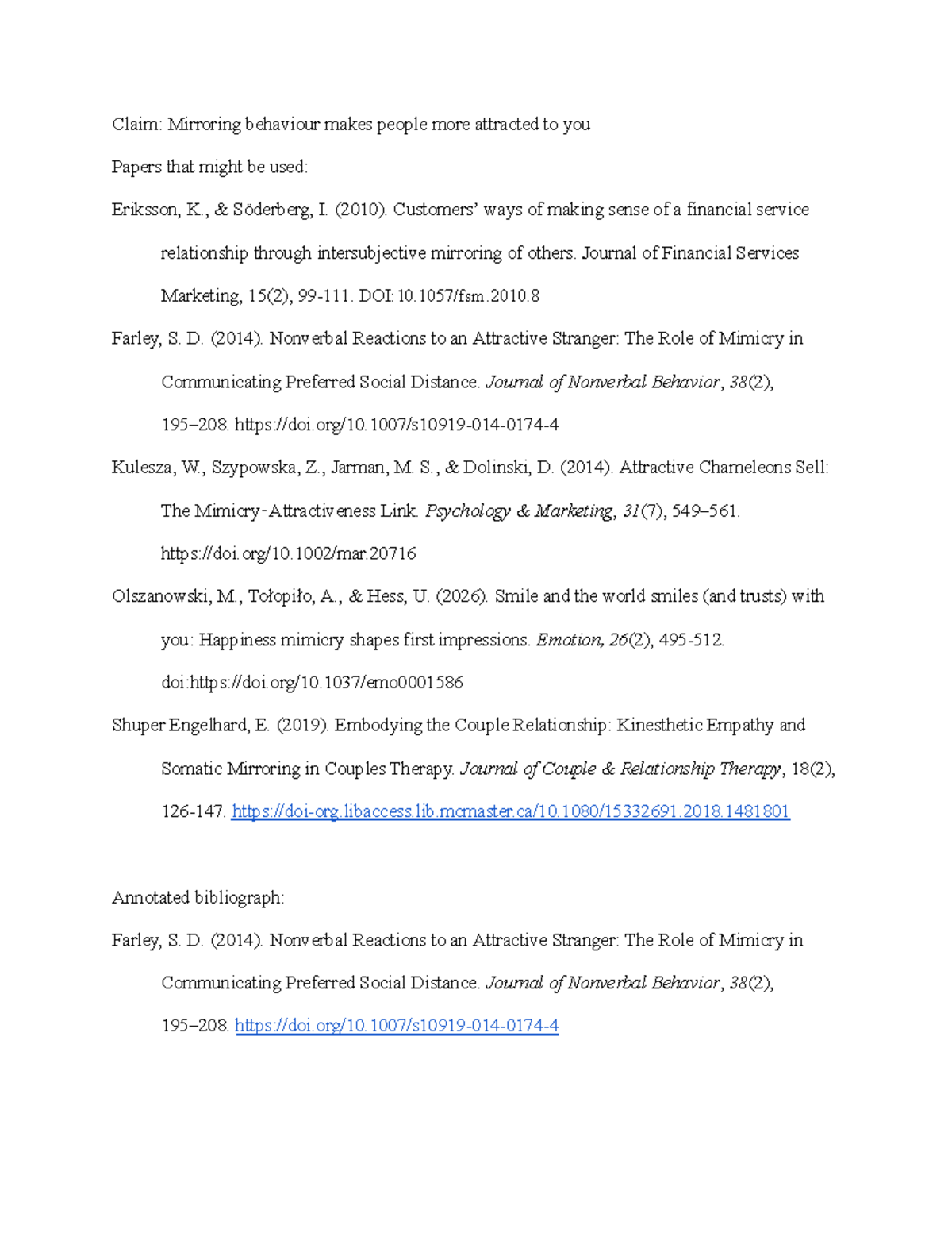 Annotated Bibliography: Mirroring Behavior & Attraction in ...
