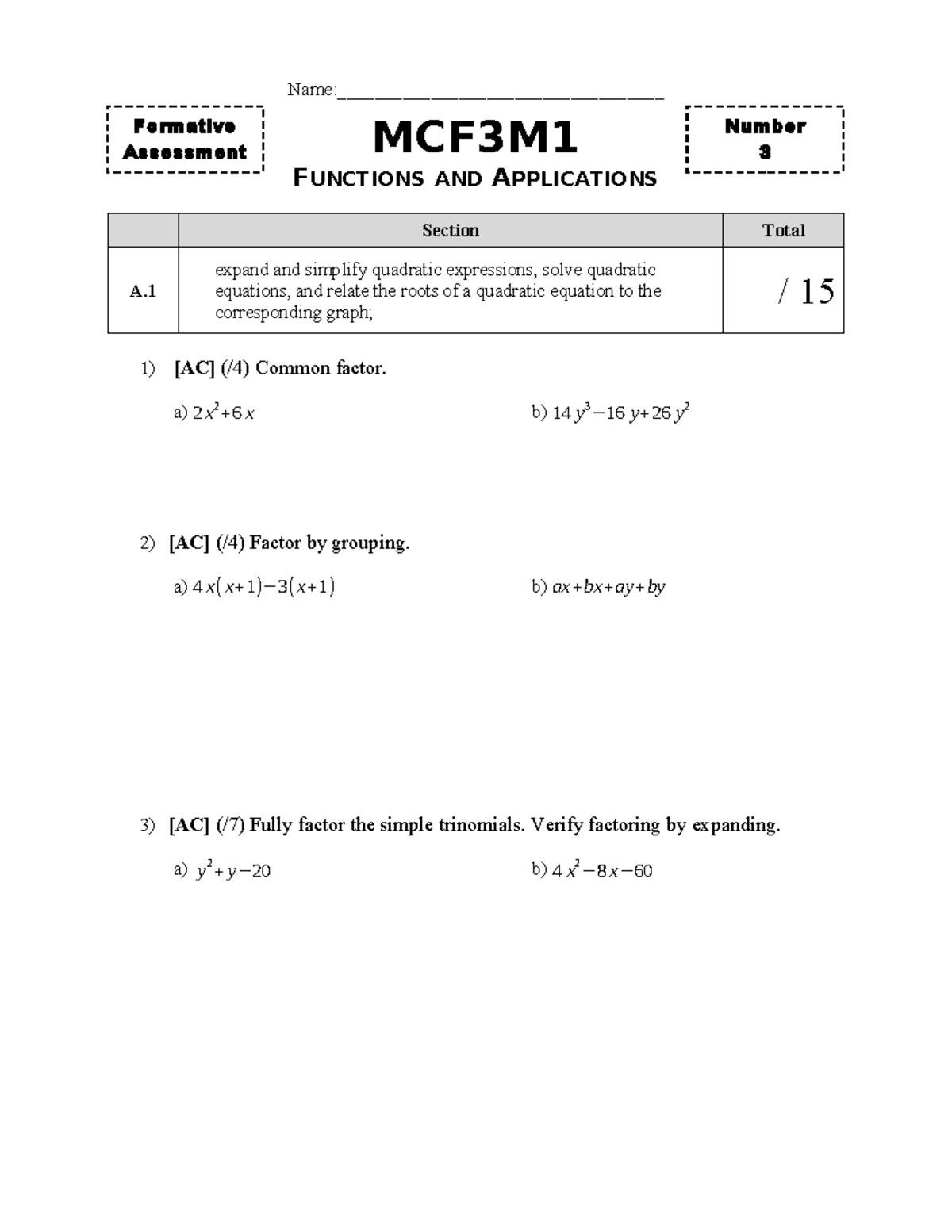 FA #3 Common and Simple Factoring - Name ...