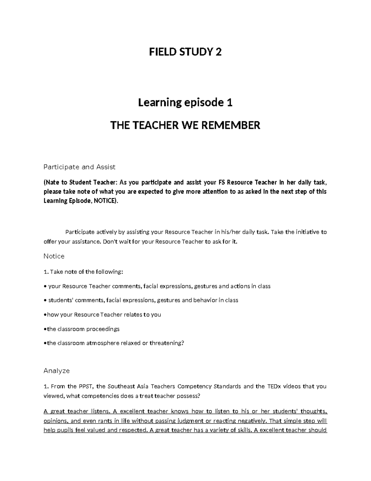FS 2 Learning Episode 1: Teacher Competencies and Classroom Dynamics ...