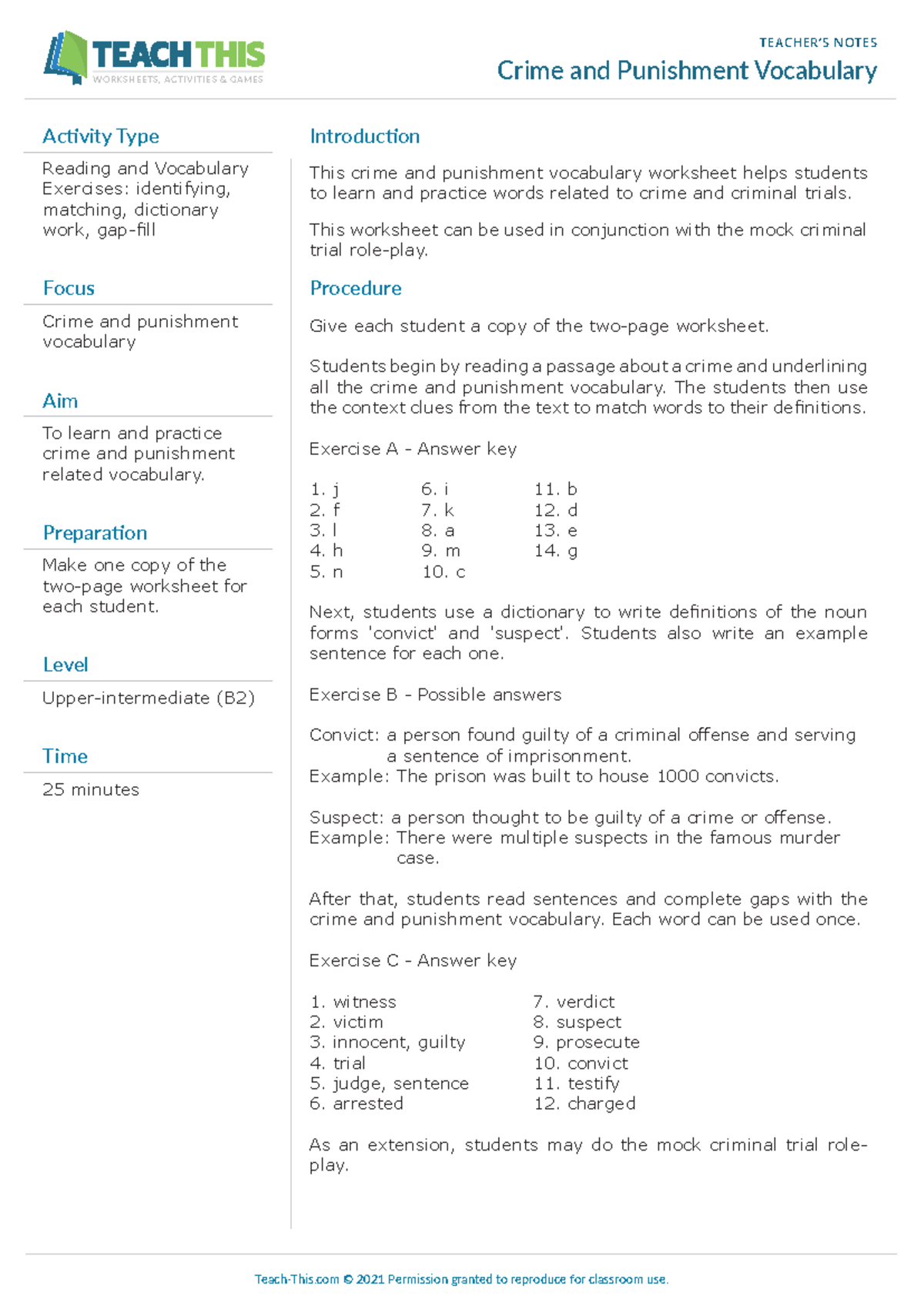 Crime and Punishment Vocabulary Worksheet for B2 Level Students - Studocu