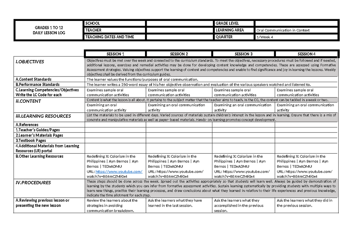 OC Q1 W4 - Daily Lesson Log for Oral Communication Activities - Studocu