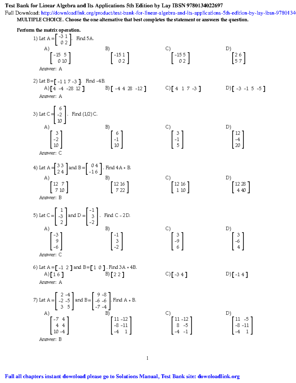Test bank for linear algebra and its applications 5th edition by lay ...