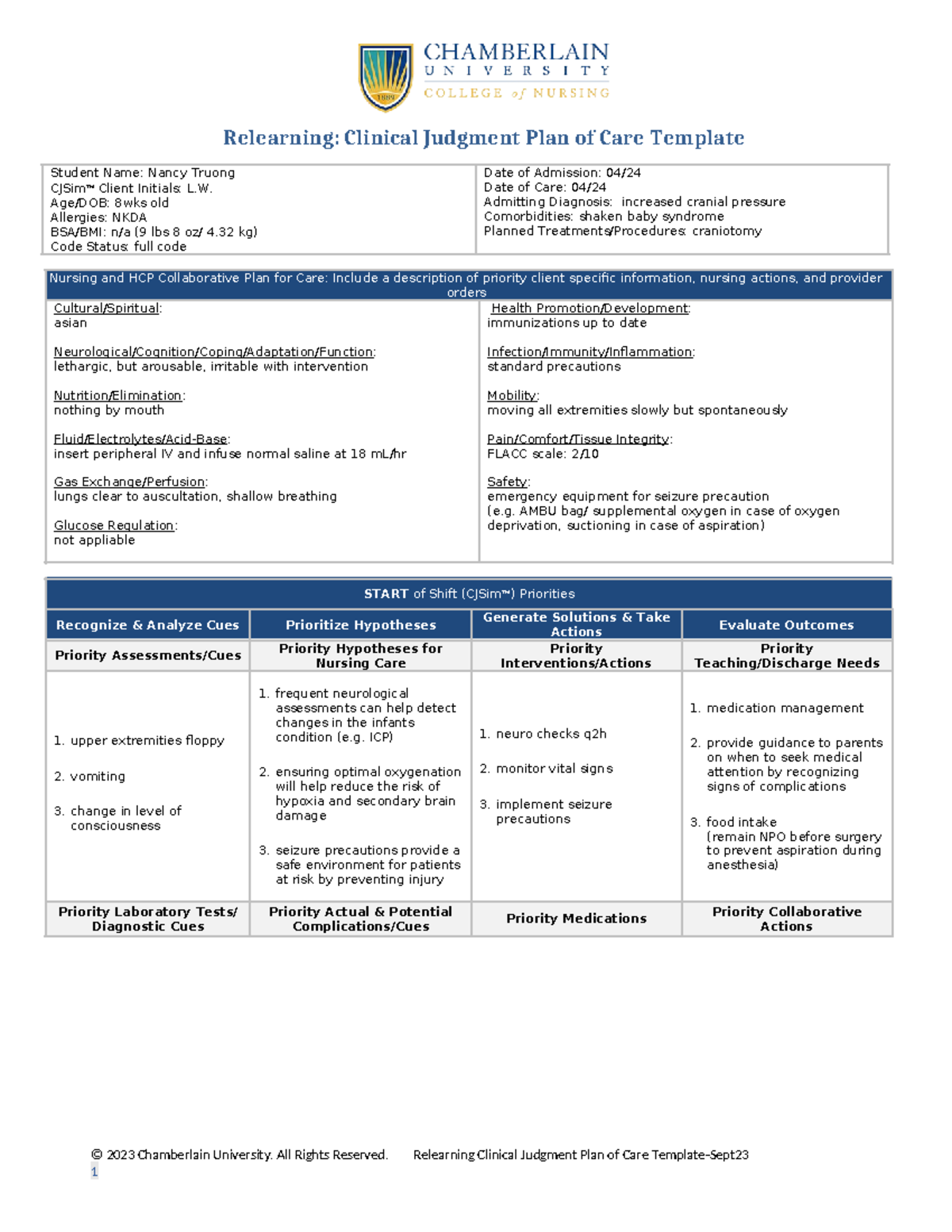 CJSim™ Plan of Care for 8-Week-Old with Increased ICP (Li-Mei Wang ...