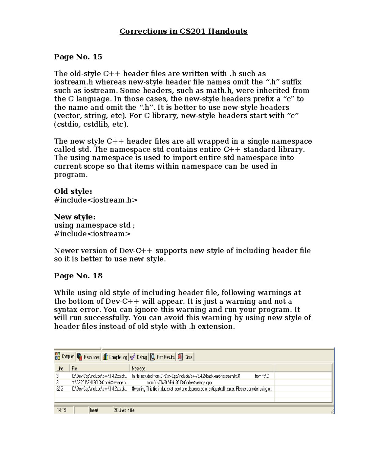 Corrections in CS201 Handouts: Header Files and Function Errors - Studocu