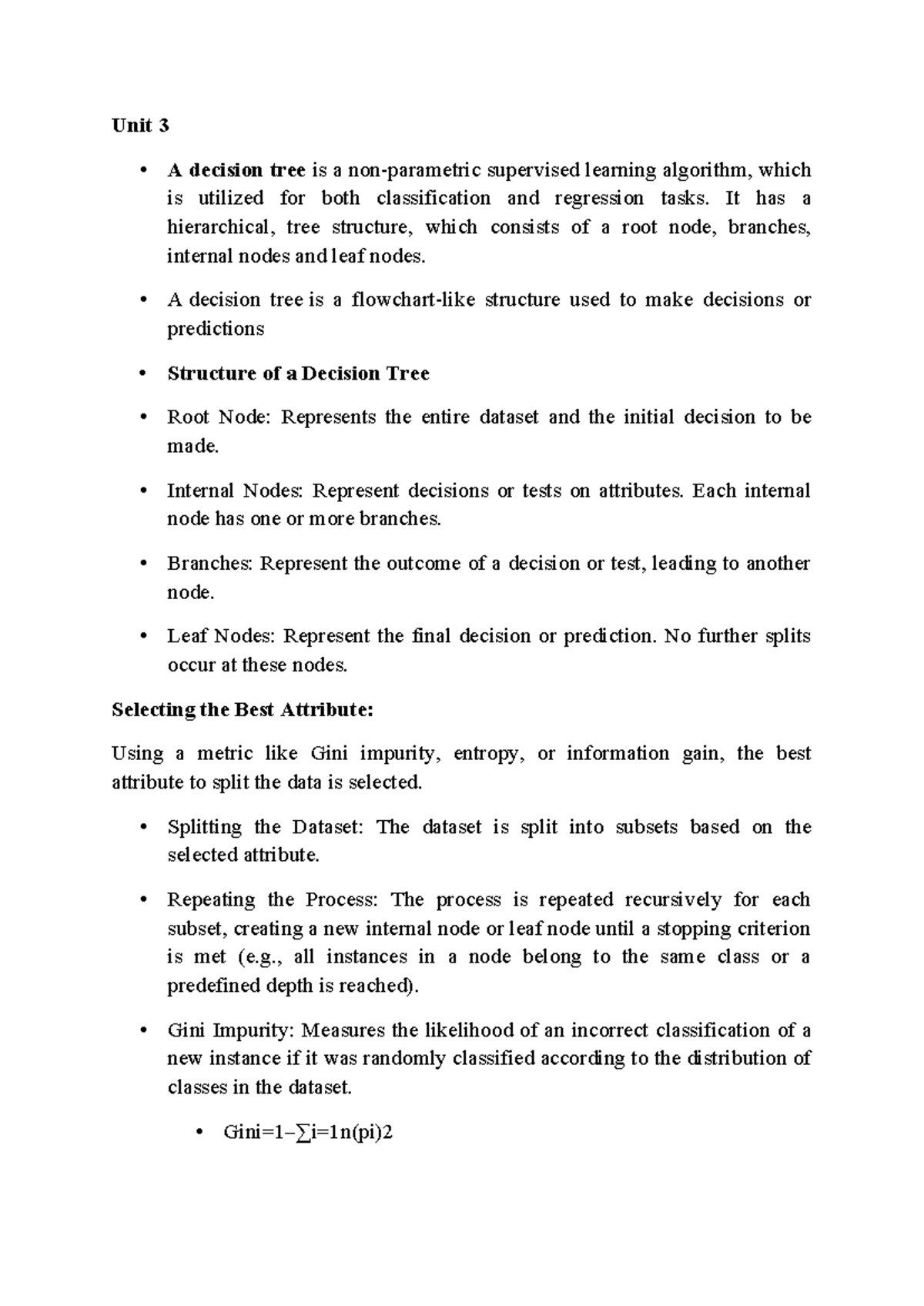ML Unit 3: Decision Trees and Ensemble Learning Techniques - Studocu
