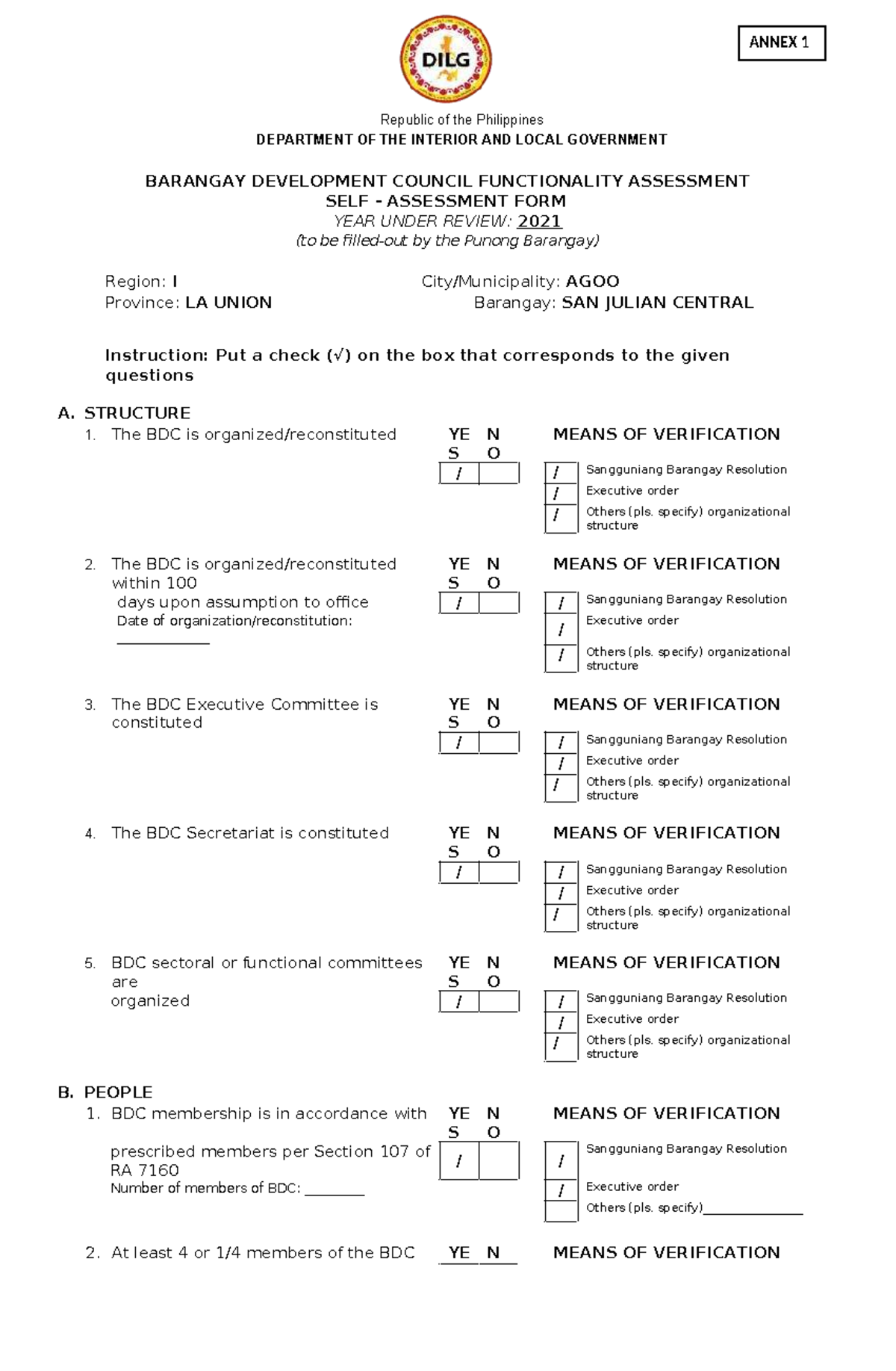 Barangay Development Council Functionality Assessment Form 2021 - Studocu