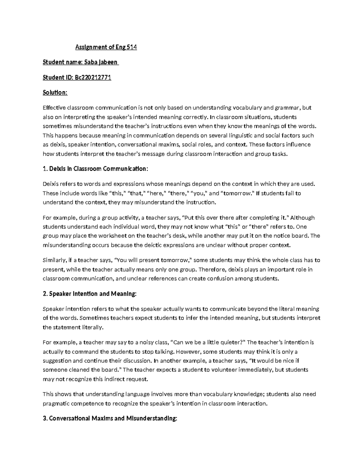 Effective Communication in Classroom: Eng 514 Assignment - Studocu