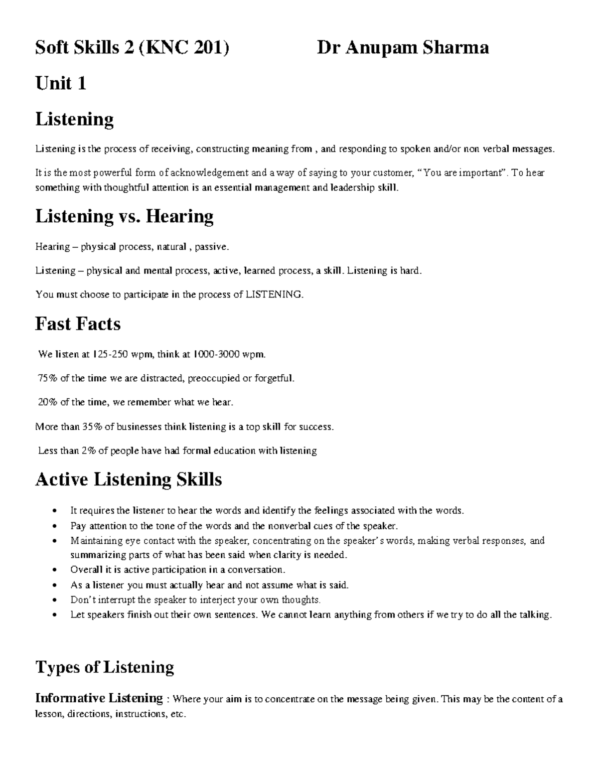 Unit 1 Listening Skills Overview (KNC 201) - Studocu
