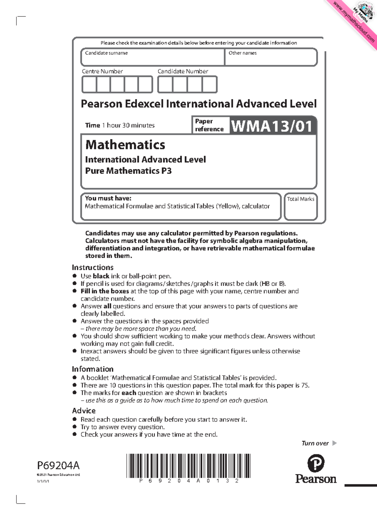 P3 October 2021 Exam Paper - MATH P69204A - Pure Mathematics - Studocu
