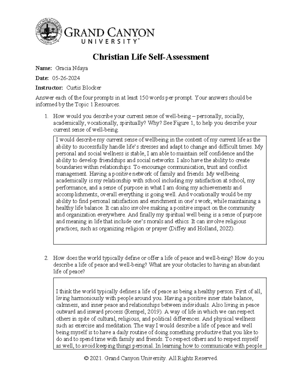 CWV 316 RS T1 Christian Life Self-Assessment Reflection and Insights ...