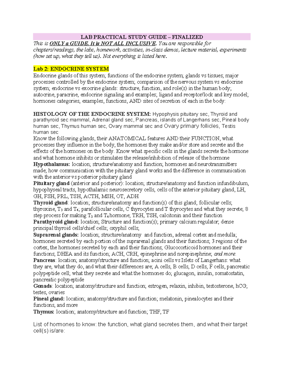 LAB PRACTICAL STUDY GUIDE: ENDOCRINE & CARDIOVASCULAR SYSTEMS - Studocu