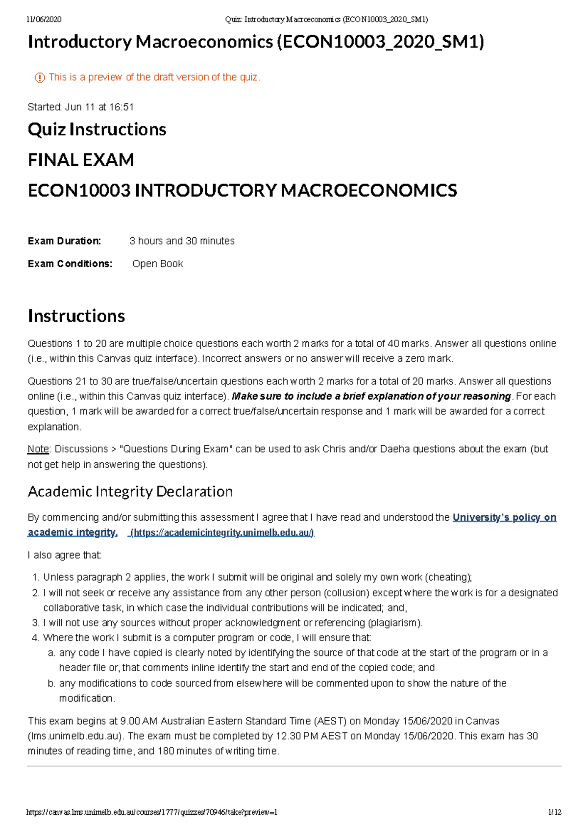 Sample Exam, 2020, Semester 1 - Introductory Macroeconomics (ECON10003 ...