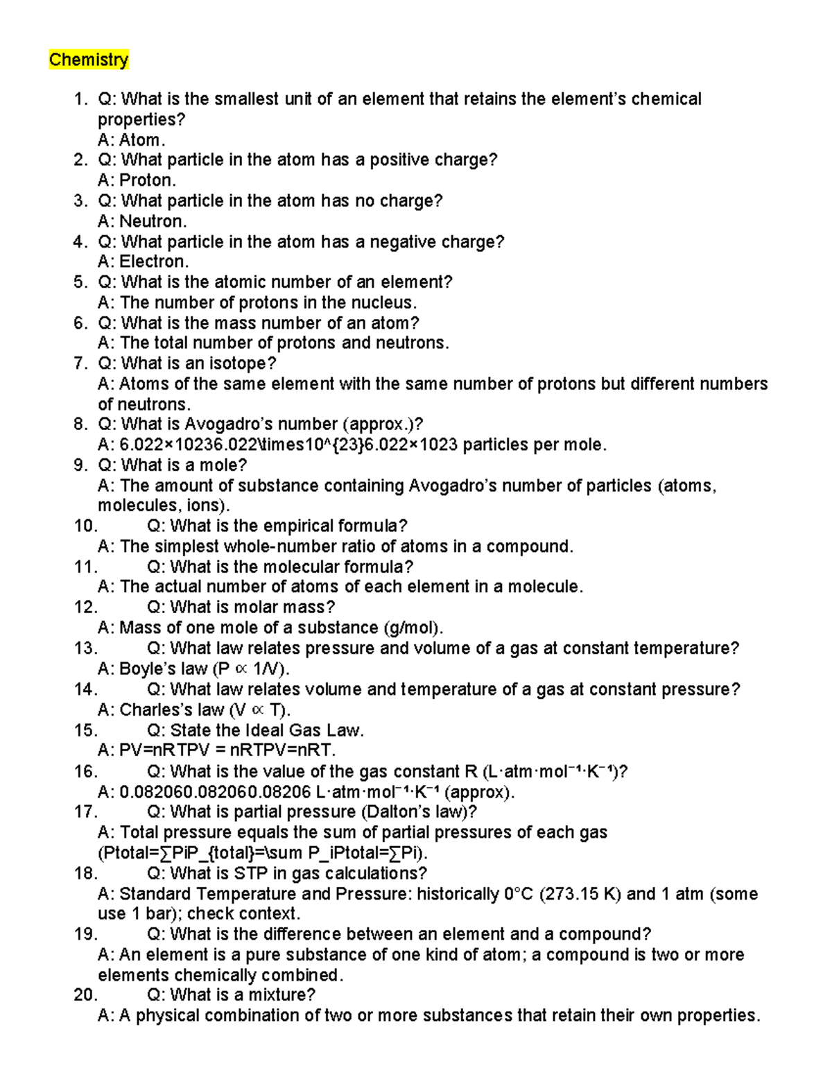 Chemistry 1: Key Concepts and Questions for Review - Studocu