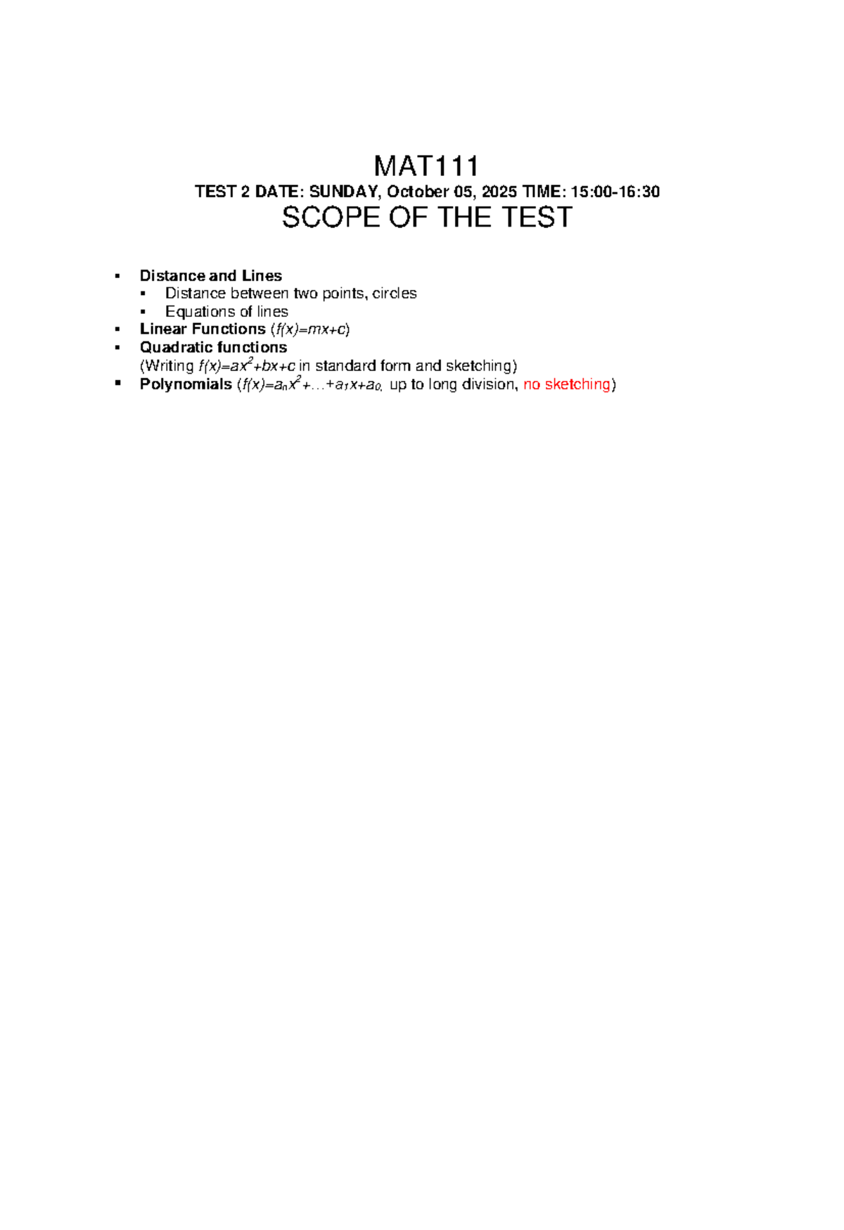 MAT111 Test 2 Scope - practice - introductory to mathematics - MAT TEST ...