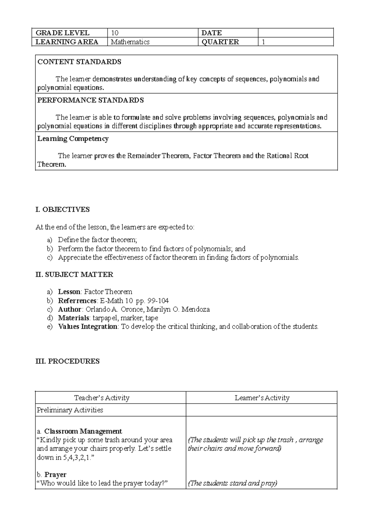 10 Mathematics: Factor Theorem Lesson Plan and Activities - Studocu