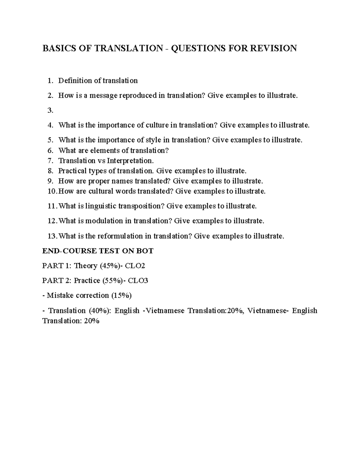 BASICS OF TRANSLATION REVISION QUESTIONS - Dịch Đại cương - Studocu