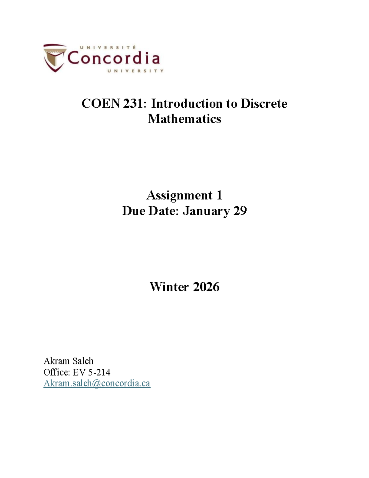 COEN 231: Discrete Math Assignment 1 - Due Jan 29, 2026 - Studocu