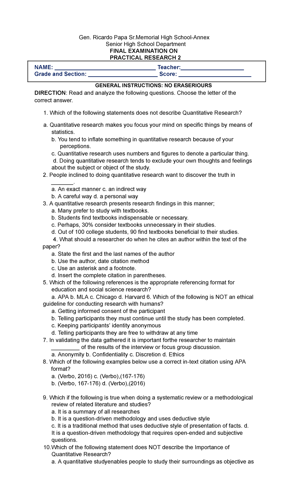 Final Exam in Practical Research 2: Comprehensive Questions & Analysis ...