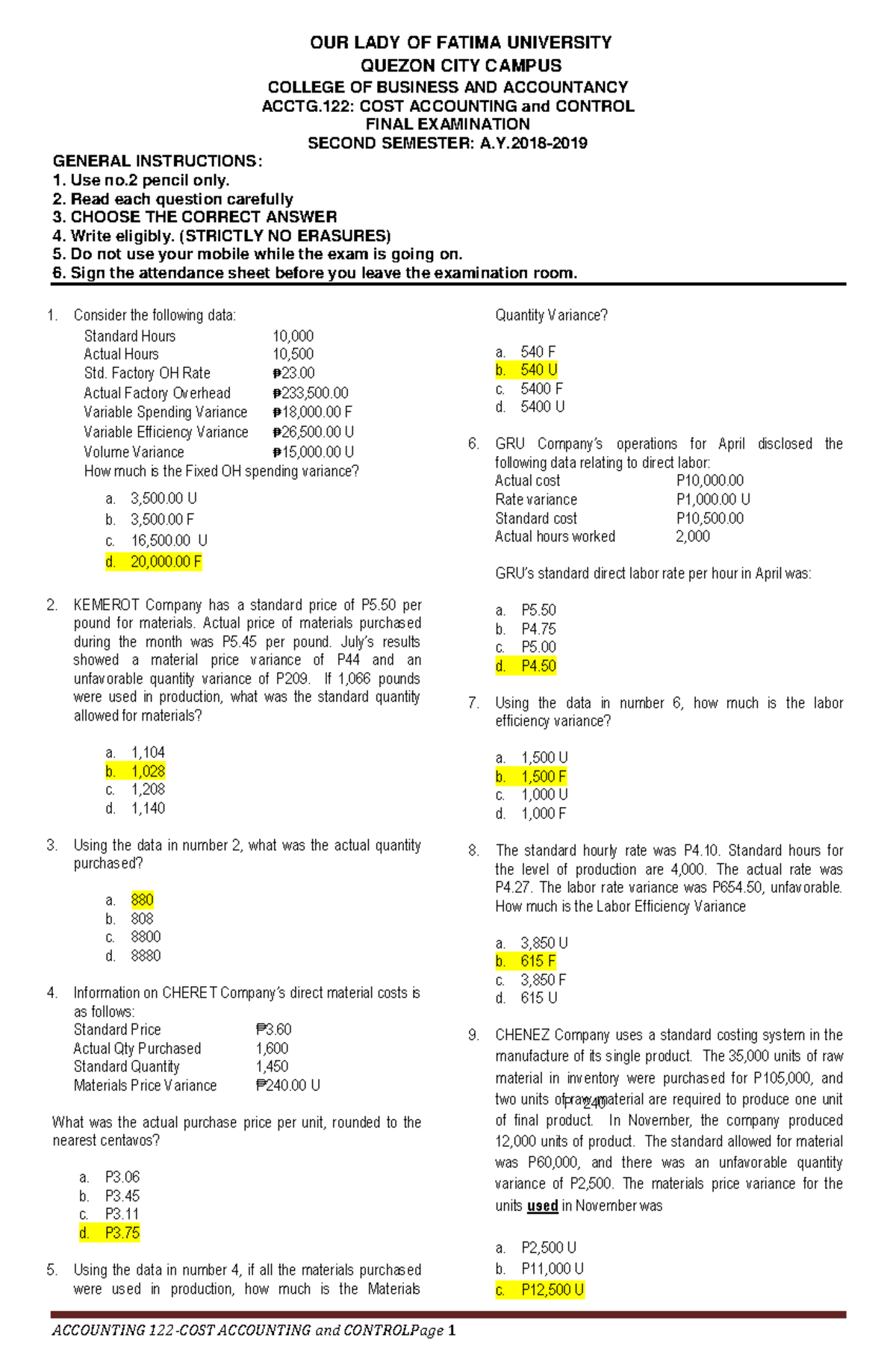 ACC 1 22: Cost Accounting & Control Final Exam Notes - Studocu