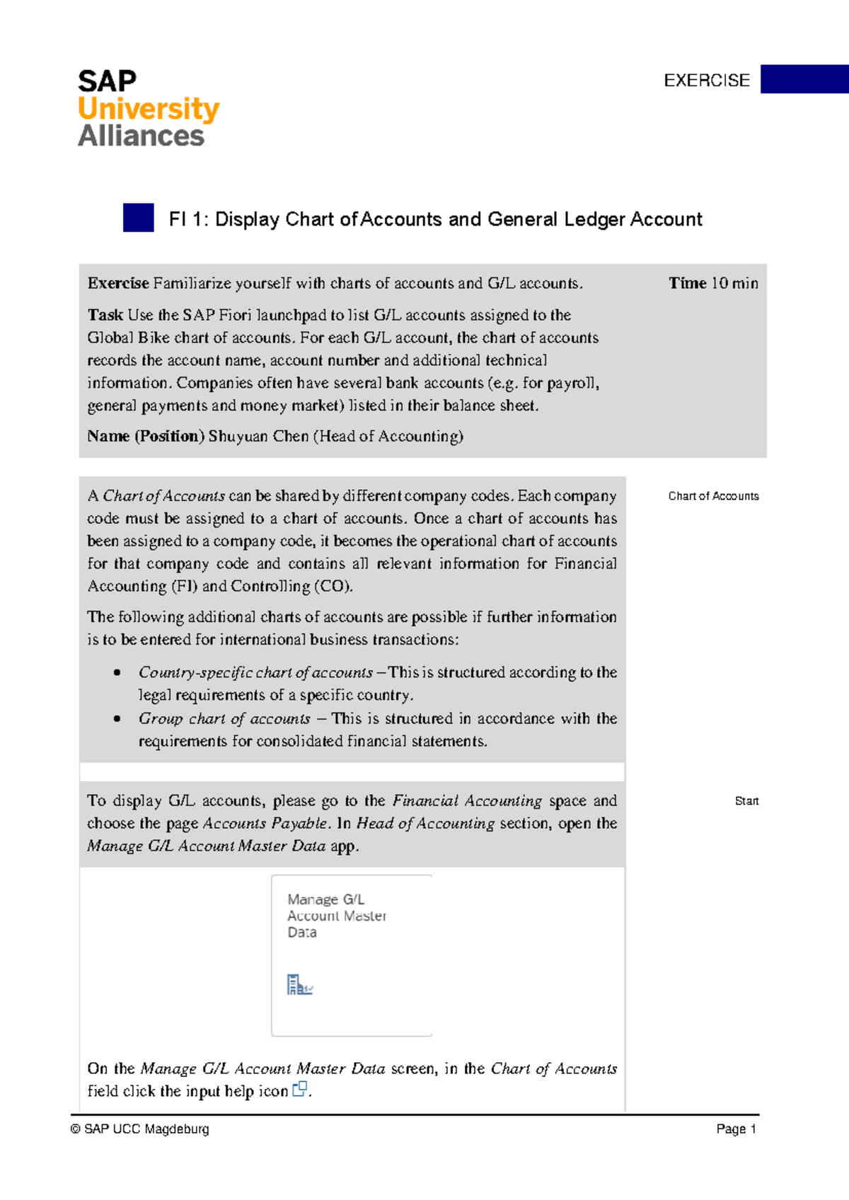 Exercise 1 - Practicas ERPs - FI 1 : Display Chart of Accounts and ...