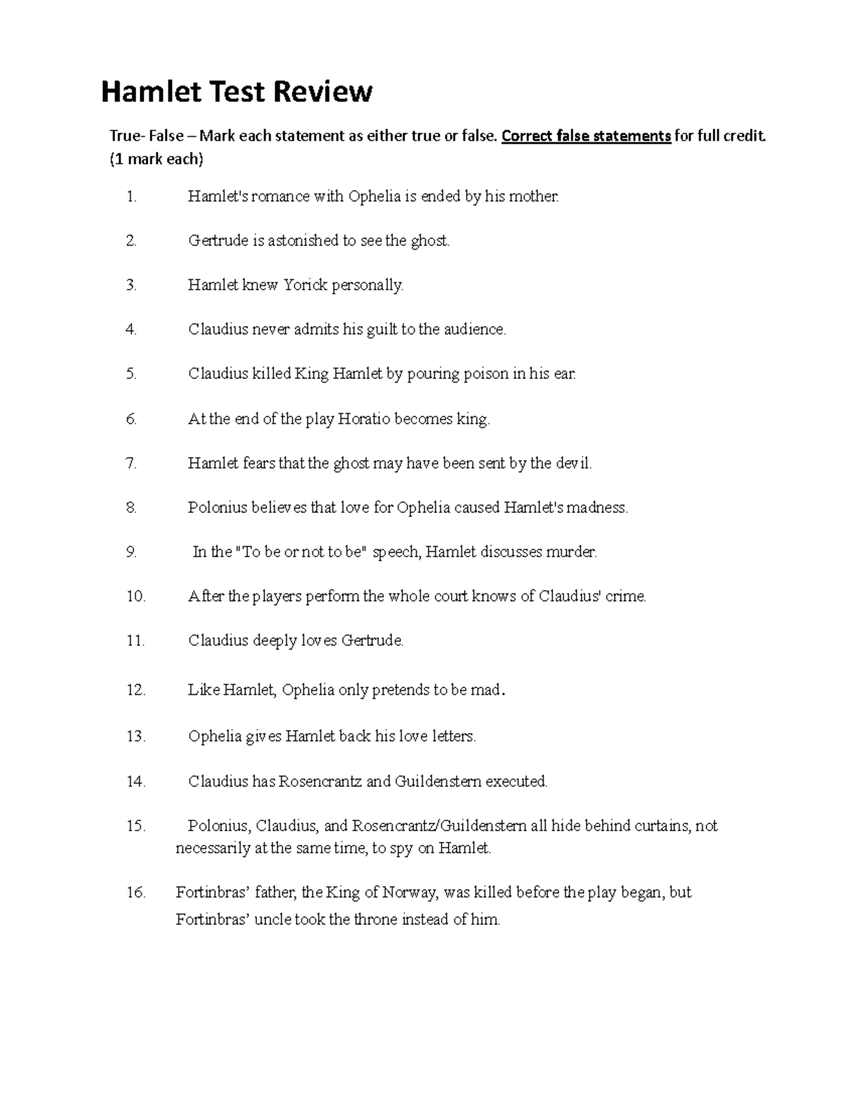 ENG4U Hamlet Test Review and Comprehension Guide 2025 - Studocu